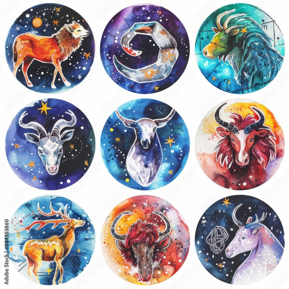Nine watercolor illustrations of different zodiac animals in a circle ...