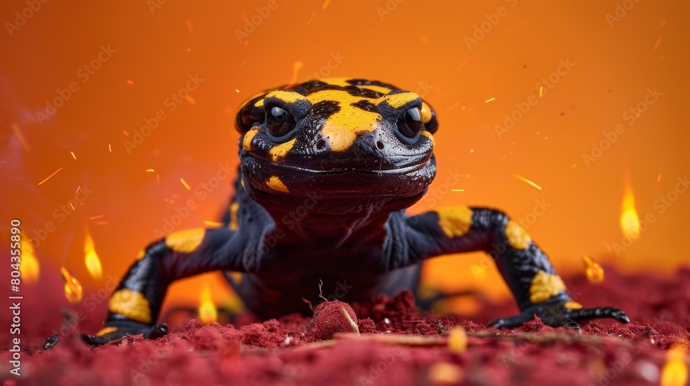 Fire salamander in a natural pose, surrounded by small flames, on a ...