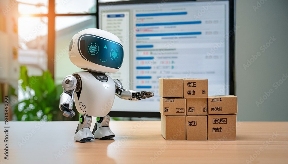 AI Robot Recommending Products at Workplace, An AI robot gesturing ...