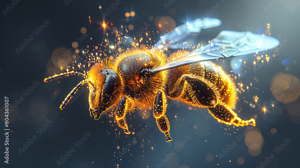 The bee is flying in mid-air, with its wings outstretched. The bee's ...