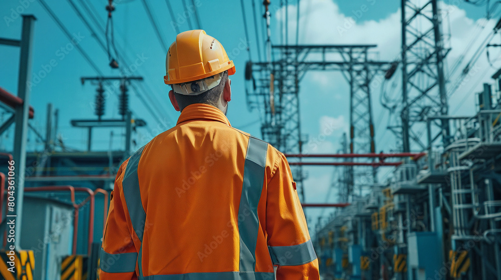 Electrical substation engineer inspects modern high-voltage equipment ...