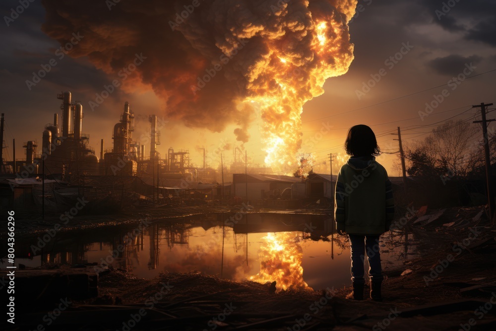 A little girl watches from afar a fire at an oil refinery. Concept of ...