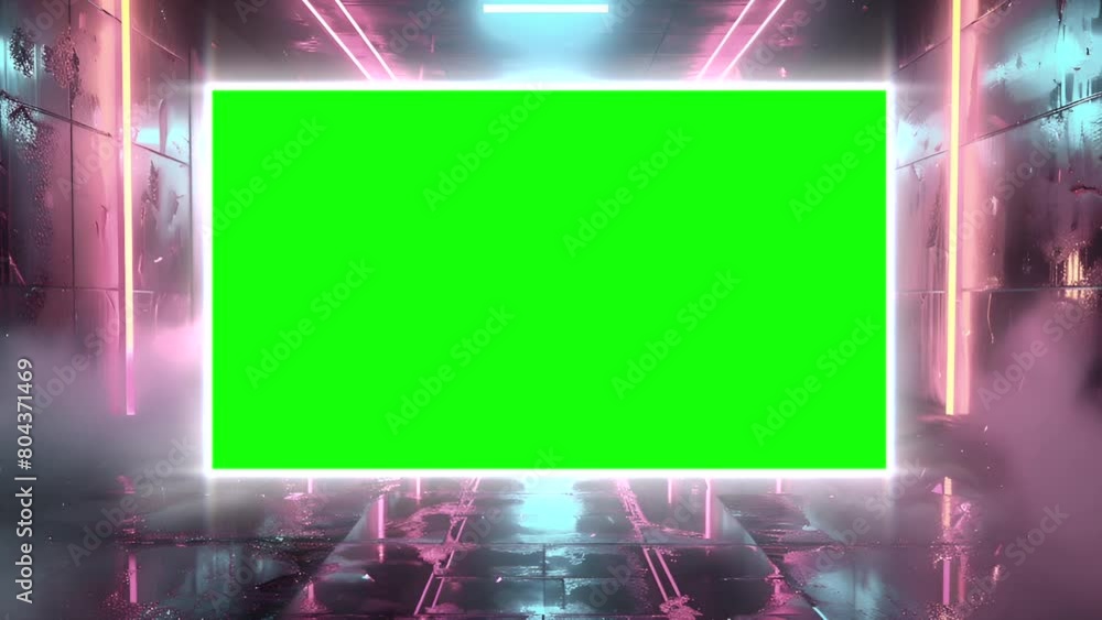 Futuristic Green Chroma Key Screen in a Neon-Lit Reflective Corridor ...