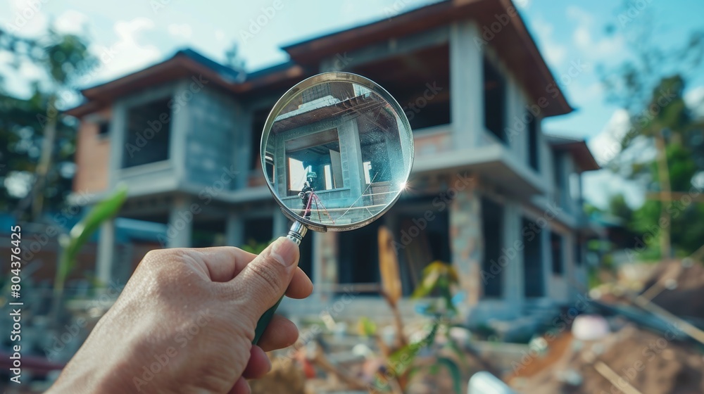 engineer use magnifying glass inspecting construction new house ...