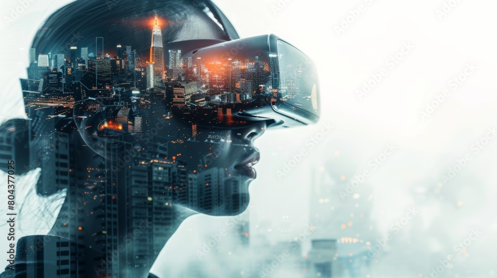 VR gamer and the beautiful sci-fi city, technology, headset, virtual ...