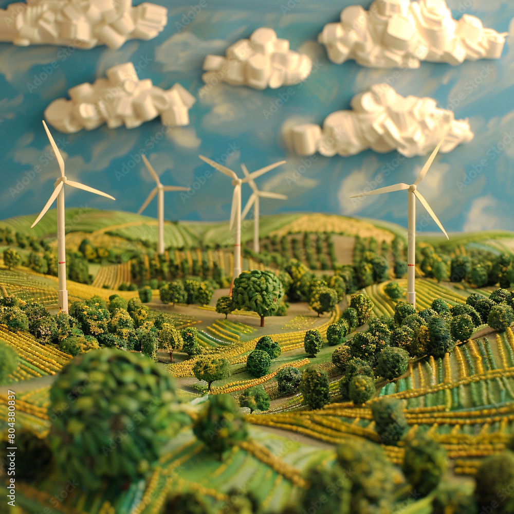 Miniature wind farm with tiny turbines in green fields. Renewable ...