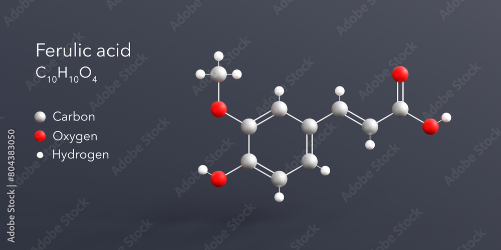 ferulic acid molecule 3d rendering, flat molecular structure with ...