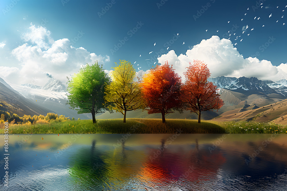 A landscape featuring elements of all four seasons in a single frame ...