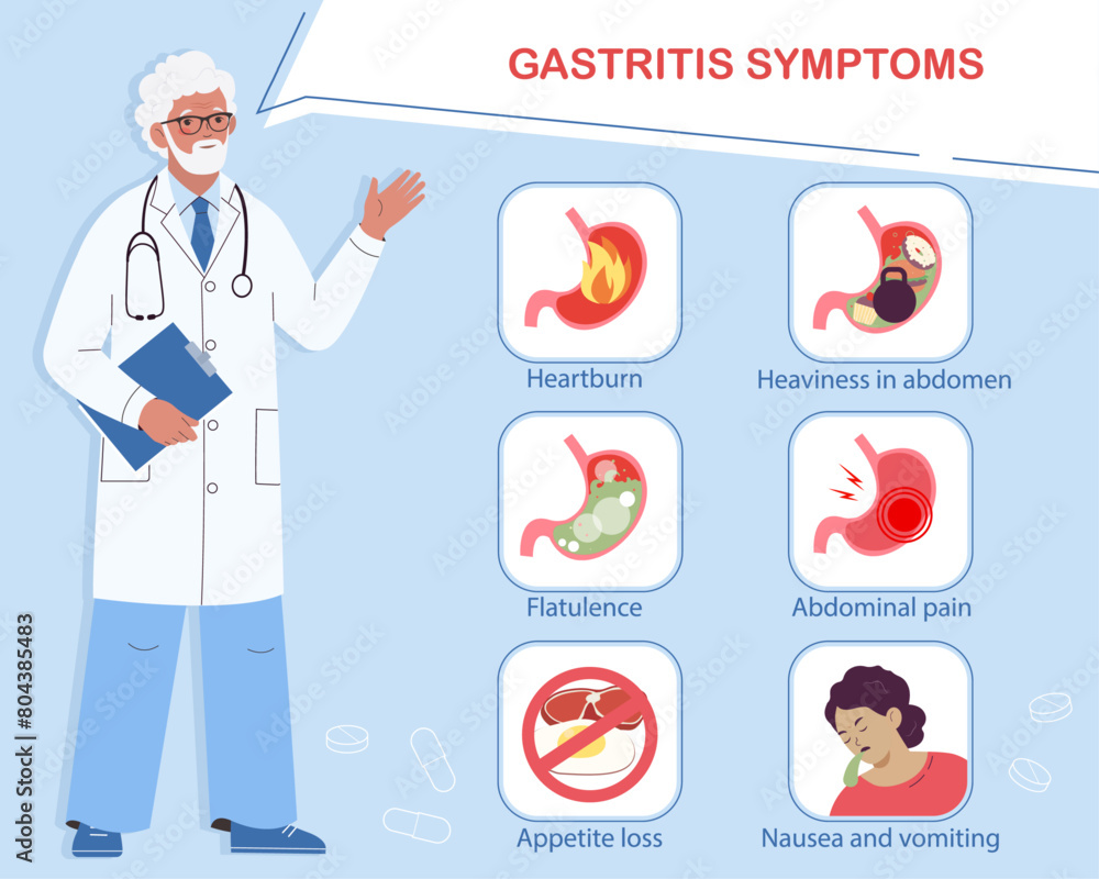 Physician talks about the symptoms of gastritis. Medical info poster ... Physician talks about the symptoms of gastritis. Medical info poster ...