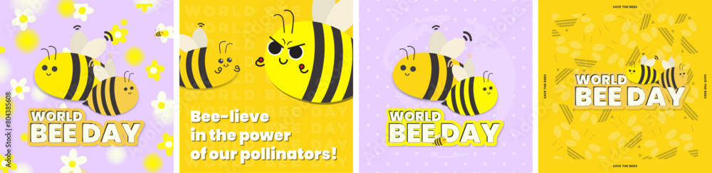 Set of Cute and Colorful World Bee Day Poster Cards. Flying Cartoon ...