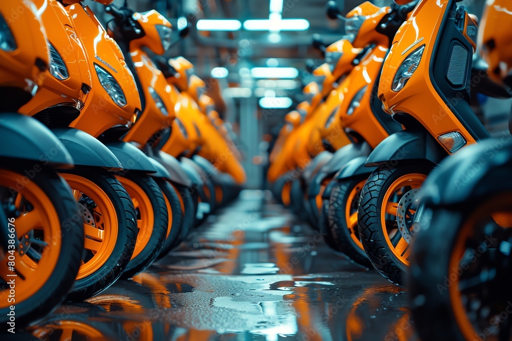 Corporate electric bikes and scooters fleet, neatly arranged in a bike ...
