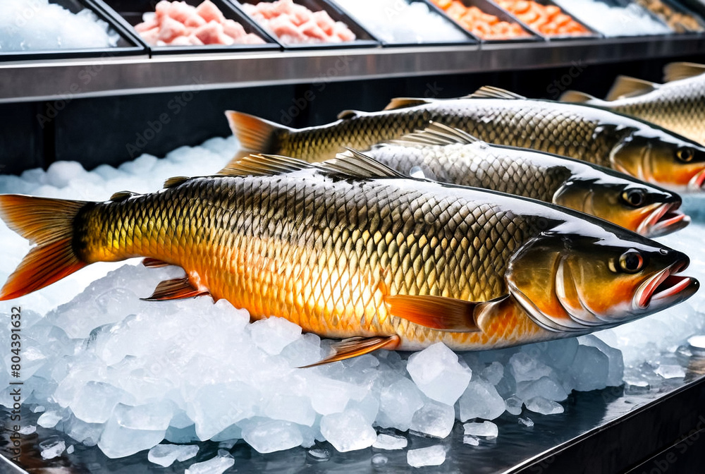 Fresh frozen carp on store counter in hypermarket. Concept of retail ...