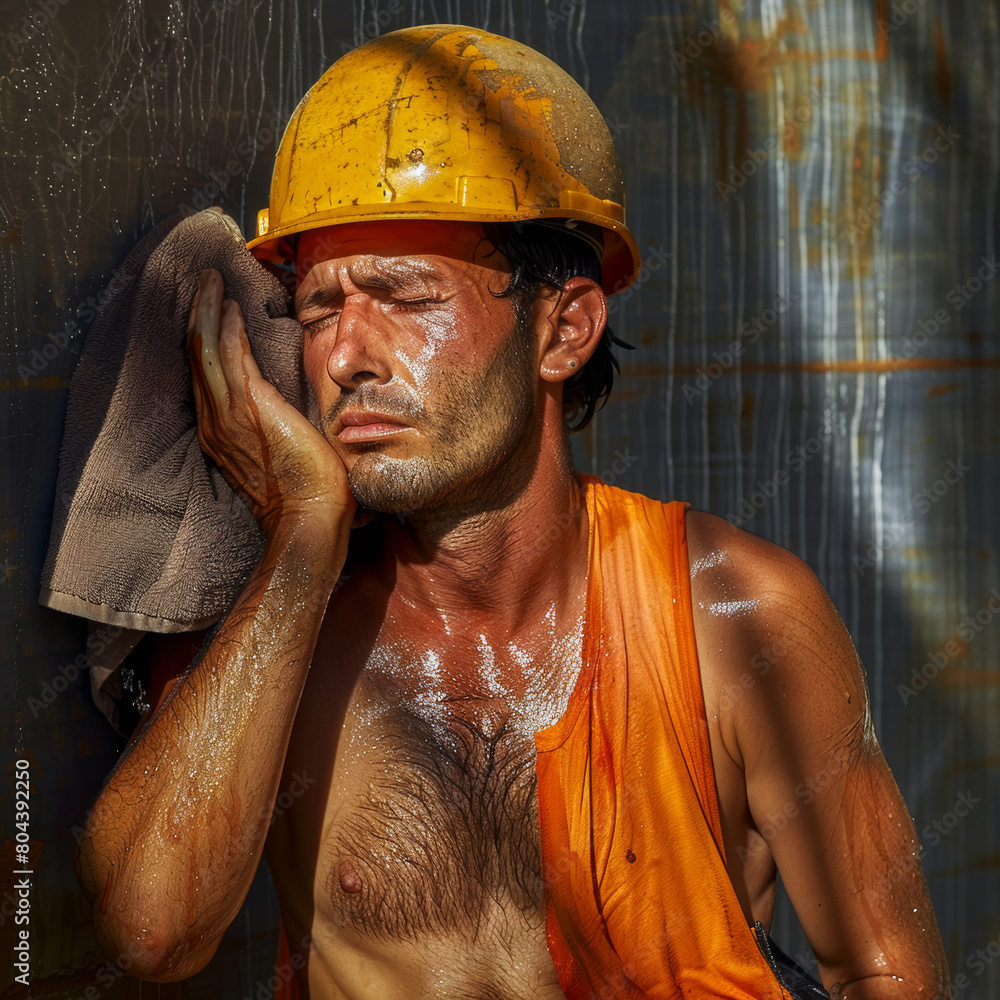 Hot day at work. A construction worker taking a break to wipe the sweat ...
