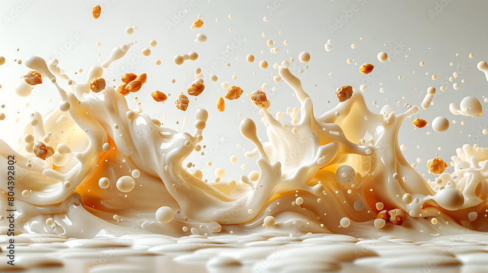 wave of milk flying in the air with pine nut kernels on a solid white ...
