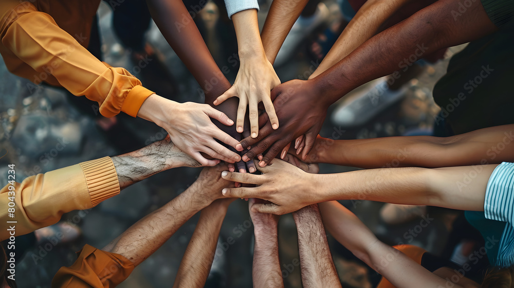 Teamwork, unity concept, group of friends put their hands together with ...