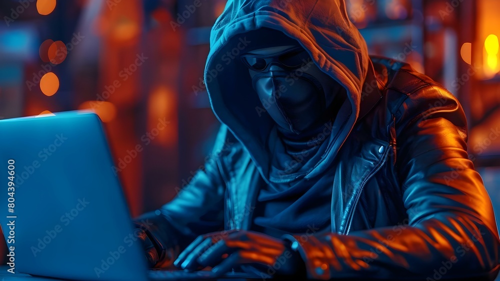 The secretive individual in a hooded mask using a laptop. Concept ...
