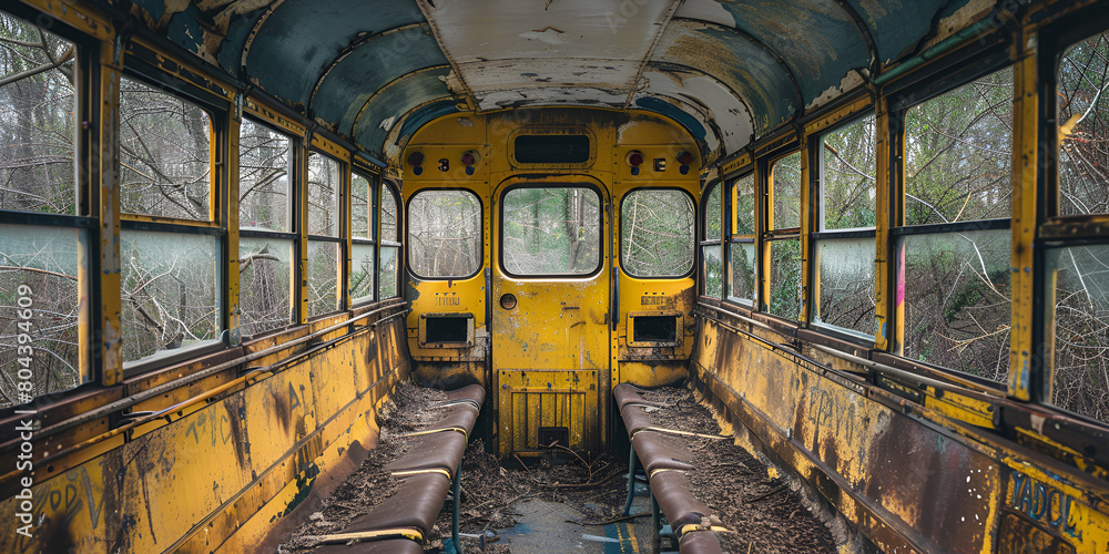 Foto de school bus interior Inside of abandoned school bus Empty bus ...
