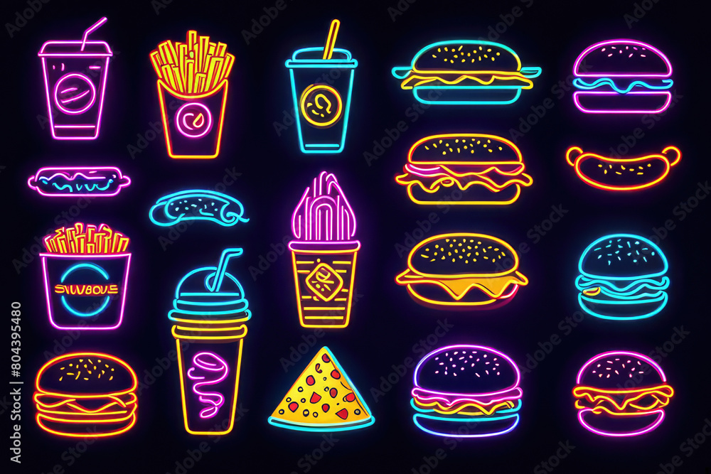 Fast Food neon icons. Food isolated icons, emblem, design template ...