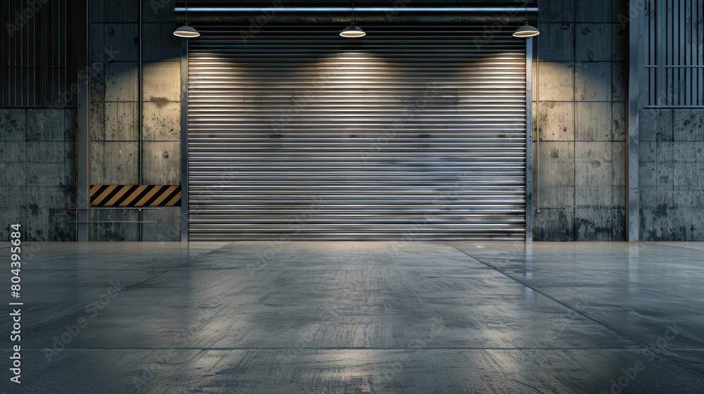 sleek metal rolling shutter in a contemporary warehouse setting Stock ...