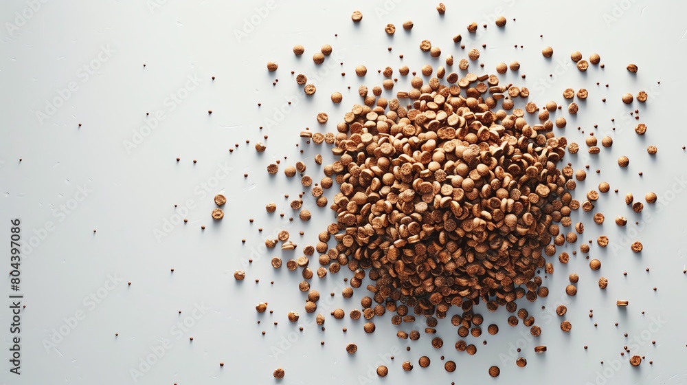 Highlight the pellet food from a birds-eye perspective on a clean white ...
