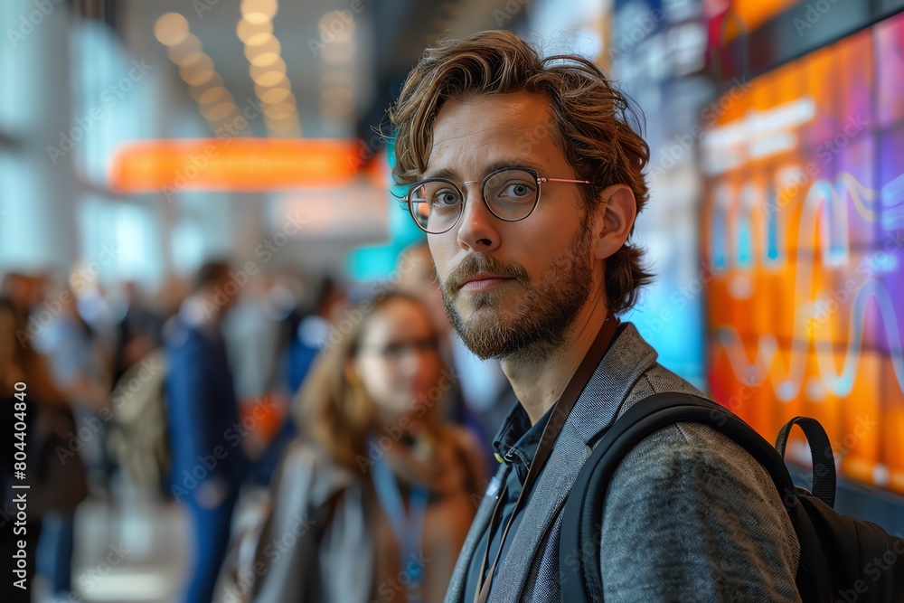 A dynamic networking event at a modern conference center, bustling with ...