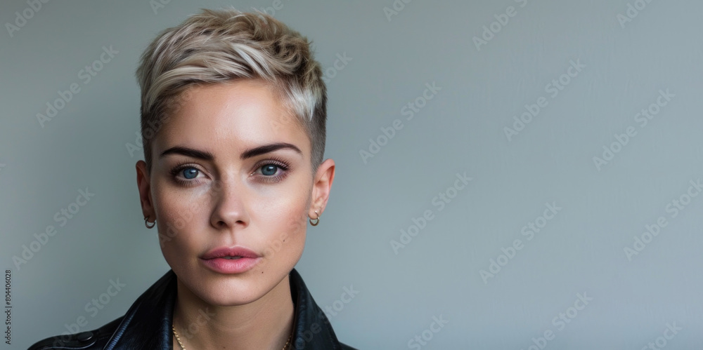 beautiful girl model with modern short haircut with blond highlights ...