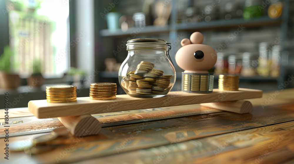 Savings Scale Up: Cartoon Scales with Savings Jar and Bank, Growth ...