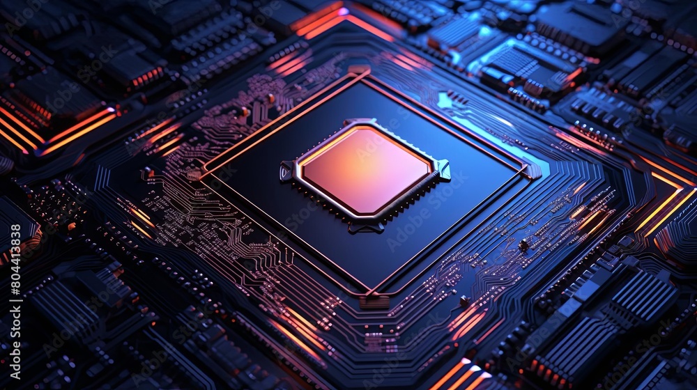 Detailed CPU microchip on a motherboard, topdown perspective, vibrant ...