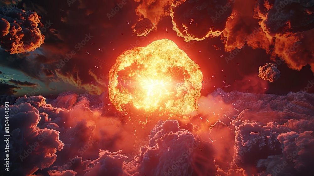 massive fireball exploding in the sky. The explosion is surrounded by ...