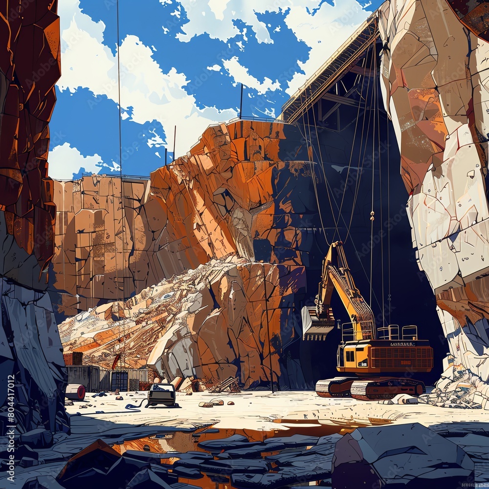 Dynamic view inside a quarry, stone being extracted by massive ...