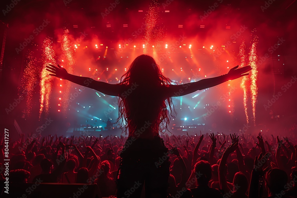 Pop singer at a stadium concert, vibrant backdrop, high energy, fisheye ...