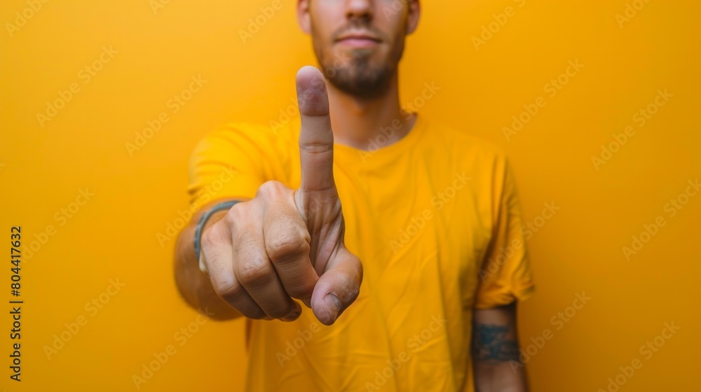 Hand shows the forefinger up isolated on yellow background, concept ...
