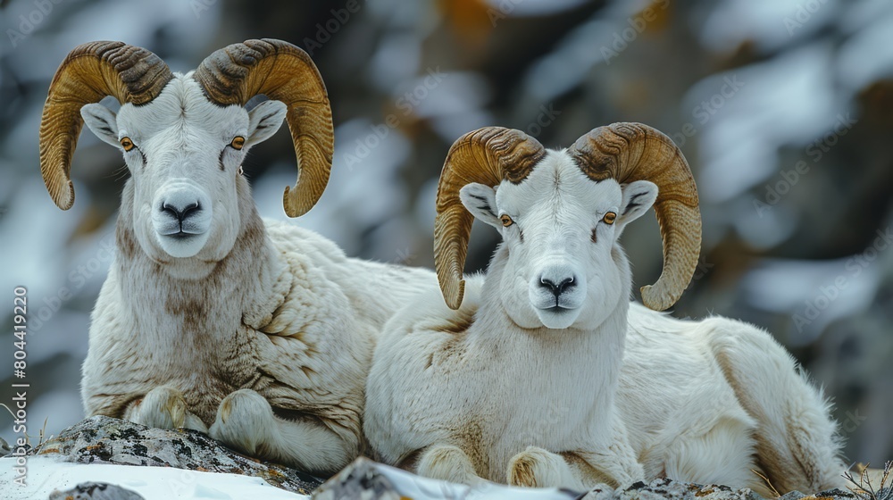 Dall'ssheep rams resting on rocky ridge in tundra Stock Photo | Adobe Stock