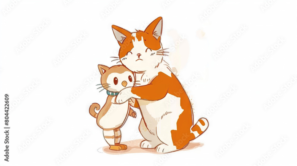 An orange and white cat embracing another cat against a white ...