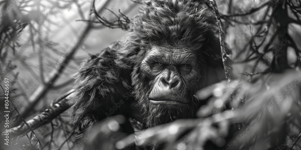Black and white detailed photo realistic bigfoot sasquatch face in the ...
