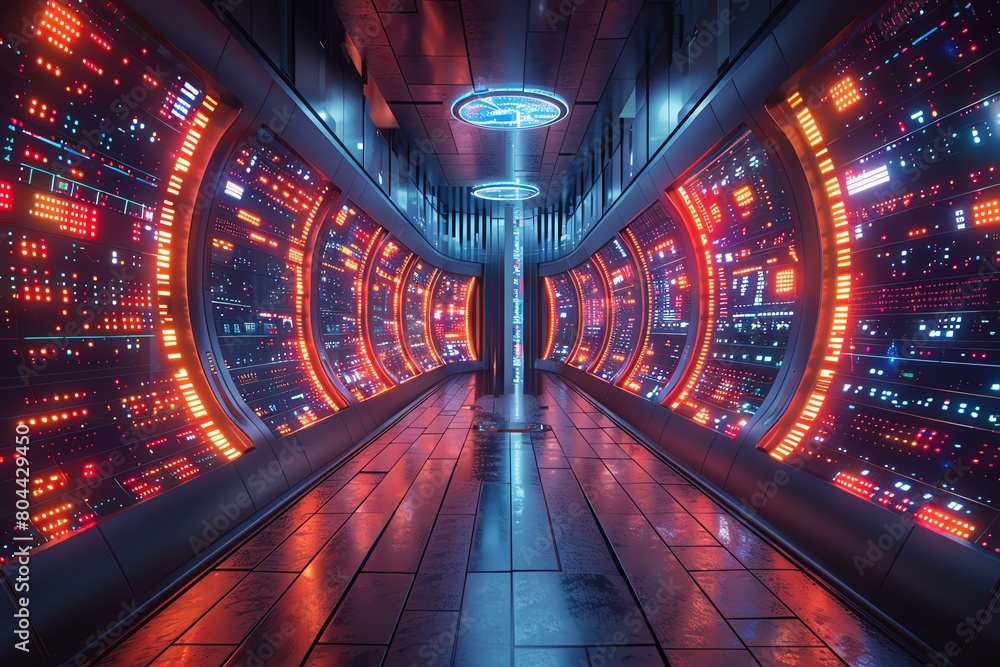 High-tech server room with visible data streams and AI monitoring ...