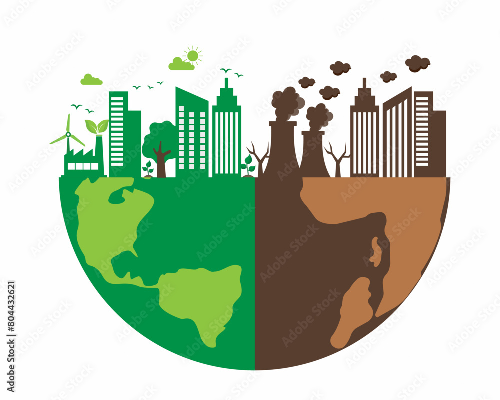 Clean green earth due to solar panels and dirty earth due to industrial ...