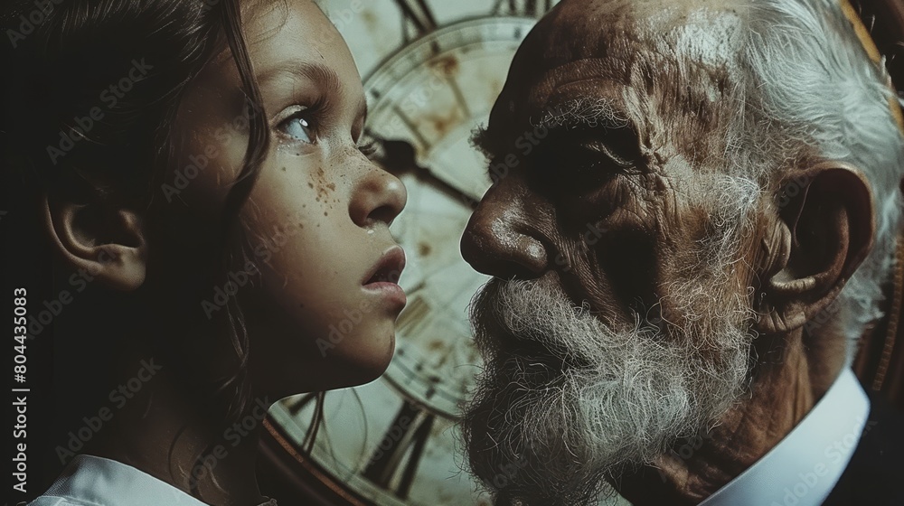 A child and an old man are merged with the hands and mechanism of a ...