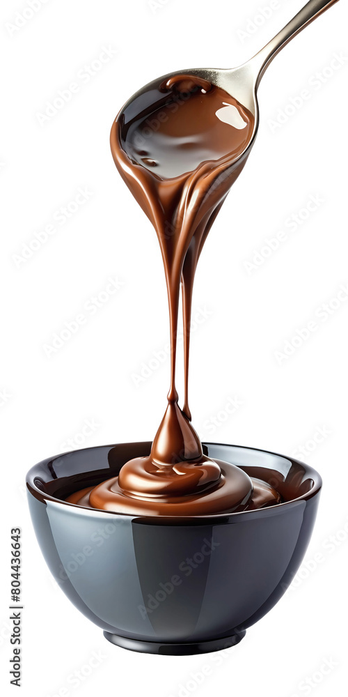 Black bowl with melted milk chocolate melted chocolate dropping from a ...