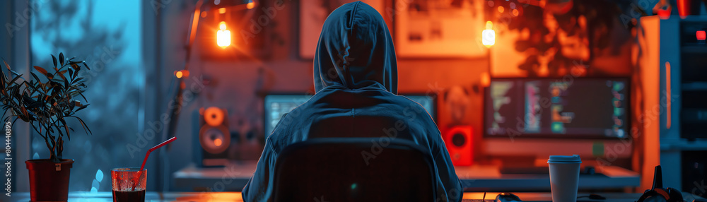 Stressed programmer in a hoodie troubleshooting a network anomaly late ...