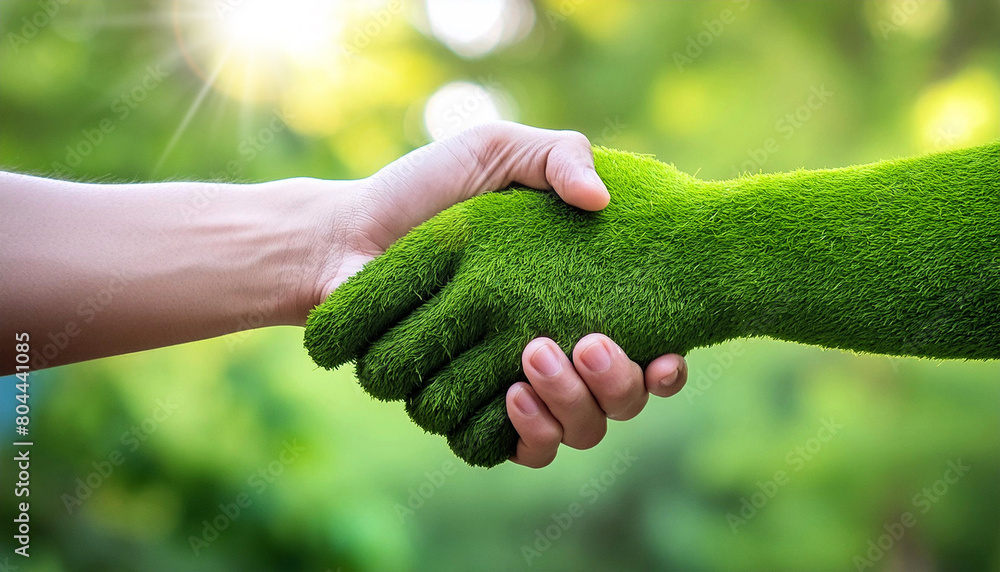 Close-up of handshake between a human hand and a hand made of green ...