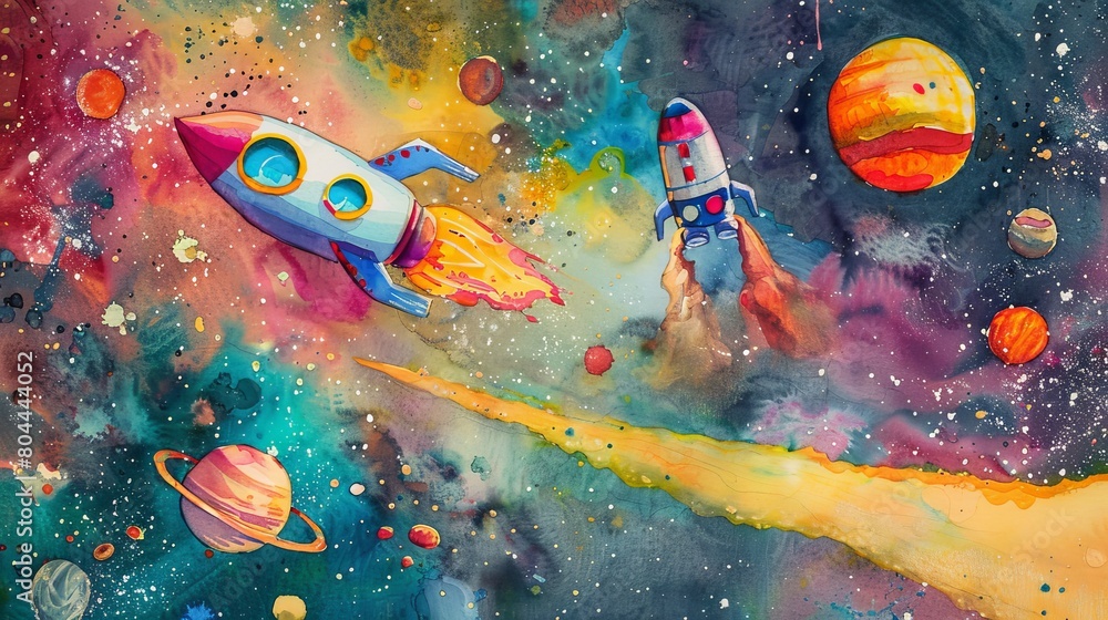 Artistic watercolor scene with a child pilot in a rocket, zooming ...
