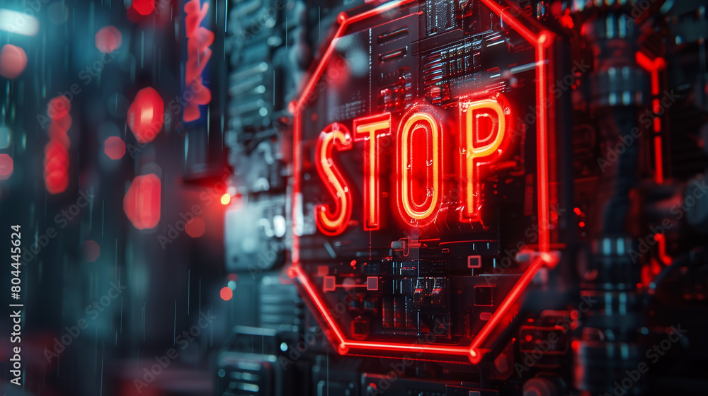 Neon Stop Sign on Cyber Security Circuit Board: Red Warning Lights in ...