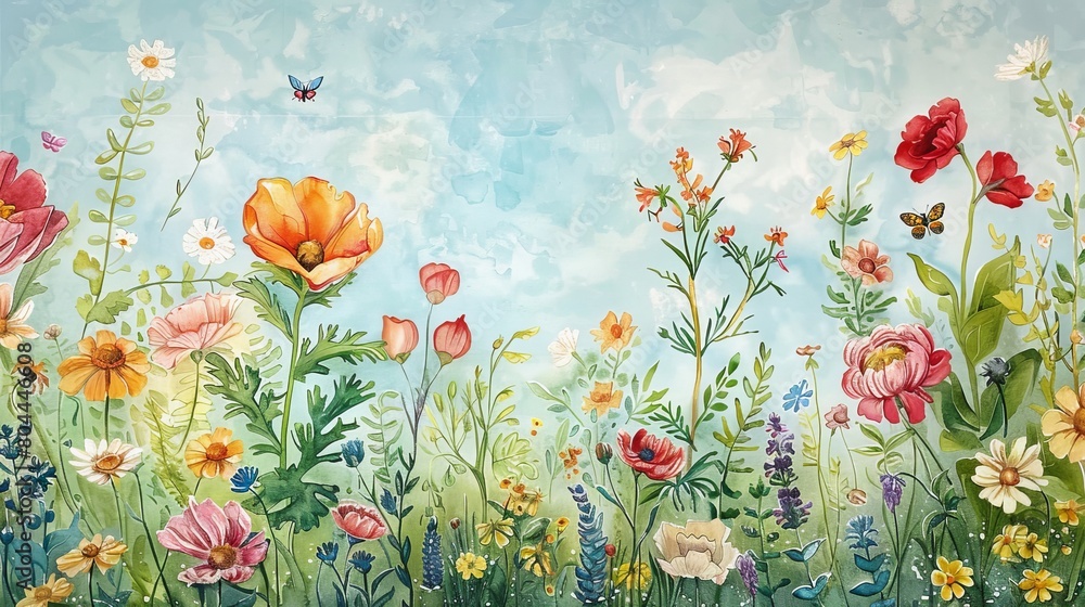 Charming watercolor of a garden scene where each flower and bug is ...