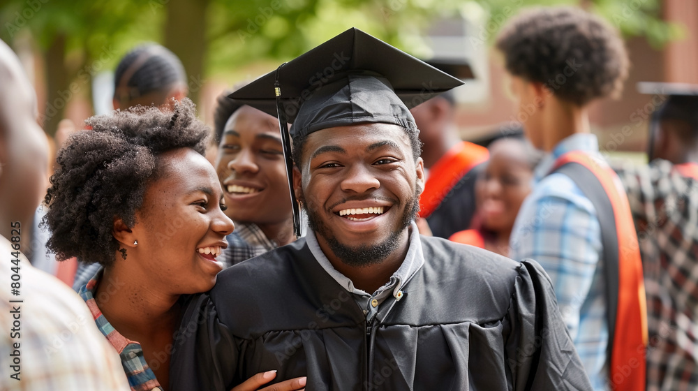 Black student in black graduation cap and gowns, student hugging her ...