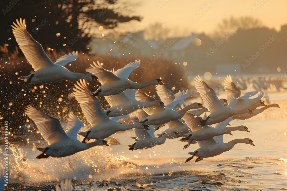 Flock of swans taking off from a water body at sunrise. Action-packed ...