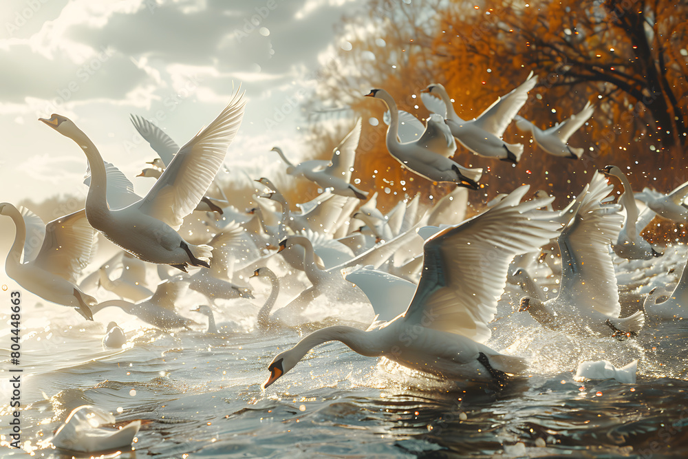 Flock of swans taking off from a water body at sunrise. Action-packed ...
