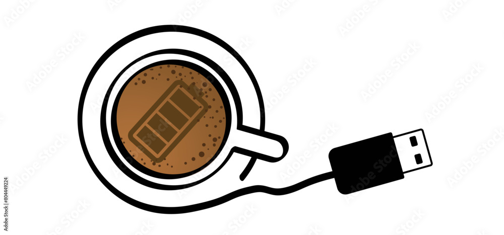 Hot coffee charge, loading indicator and plug. Mug with battery charge ...