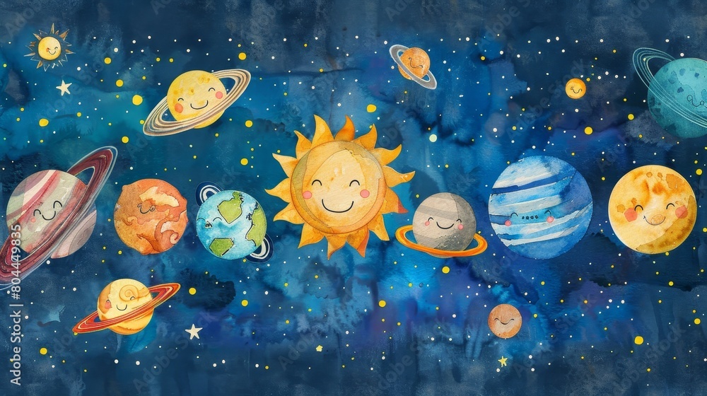 Educational watercolor wall art showing planets lined up in order from ...