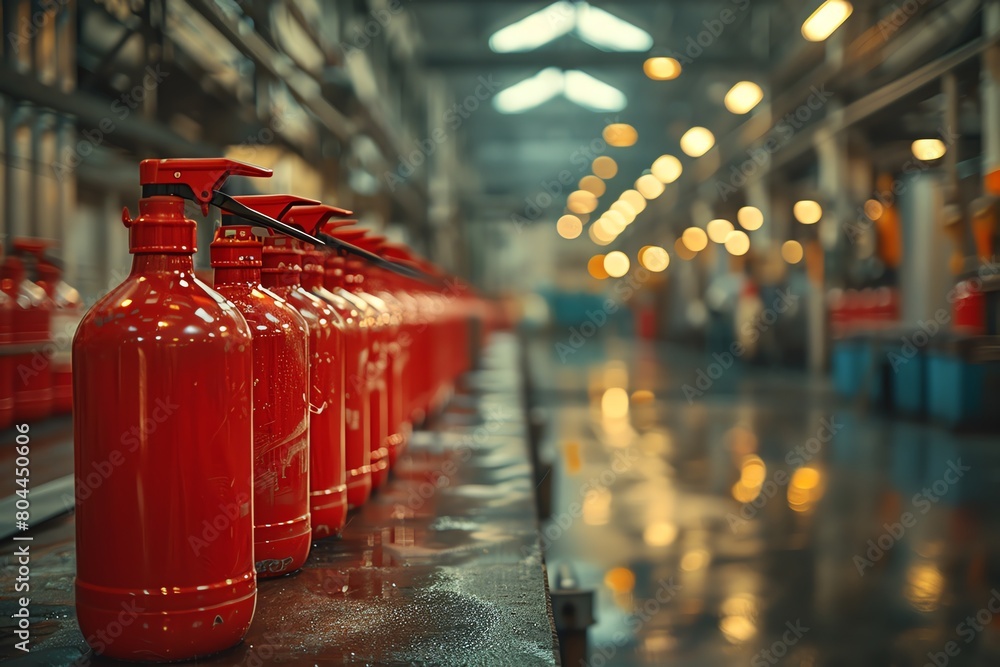 Fire extinguisher in factory setting, side view, natural lighting ...